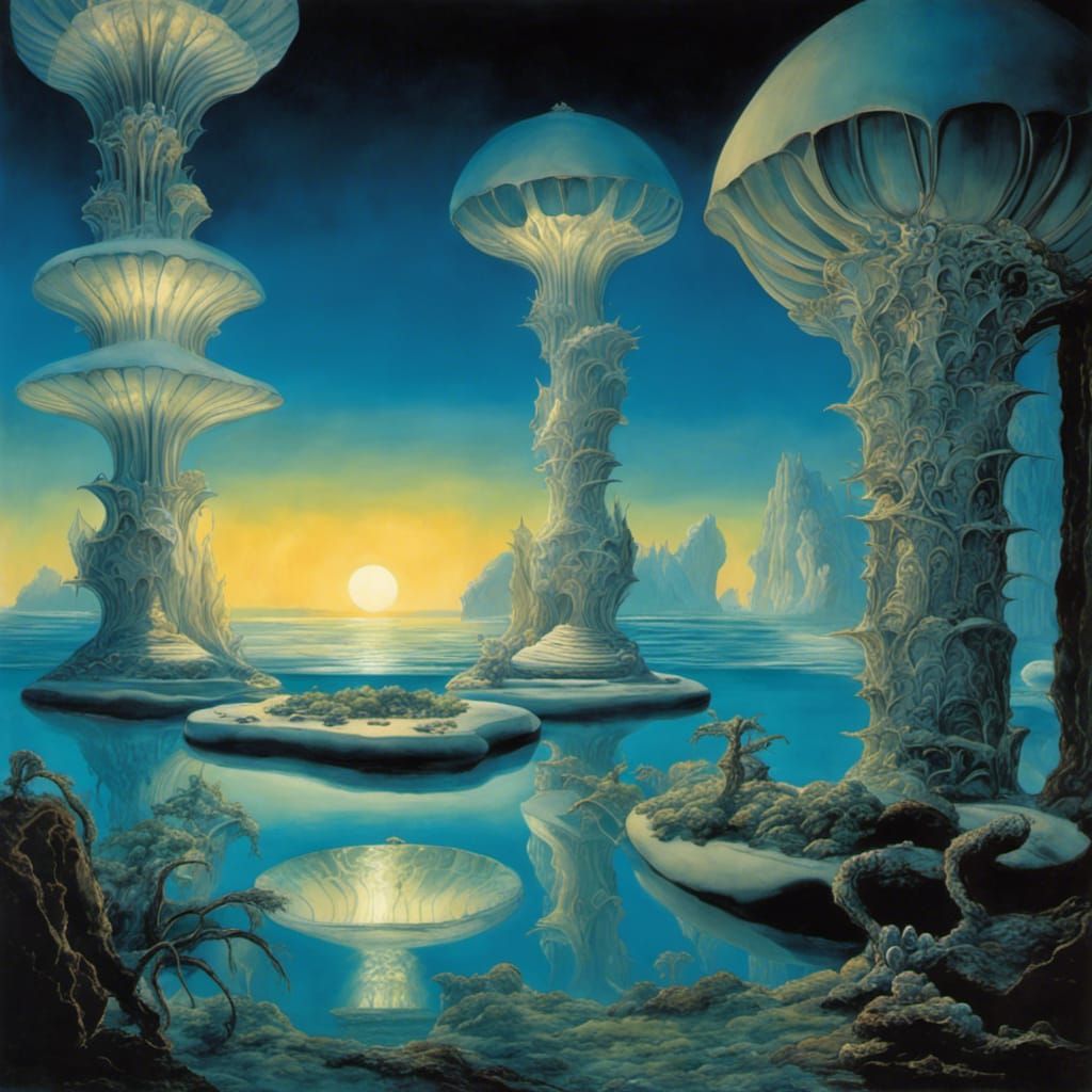 a fantasy lounge room overlooking a calm shimmering ocean with ...