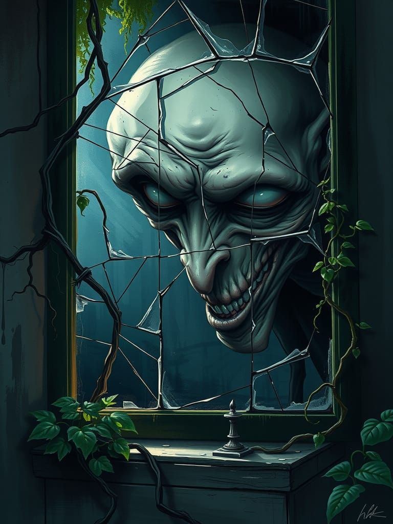Eerie, Pale Face Stares Out from Dark, Grimy Windo... - AI Art