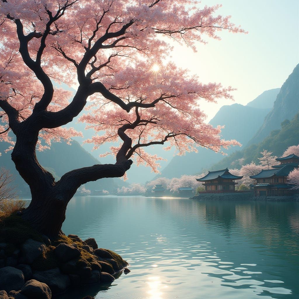 Majestic Sakura Tree on Lake's Edge, Japanese Moun... - AI Art