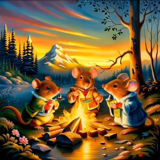 A few of the mice taking part in a huge camping trip in the countryside ...