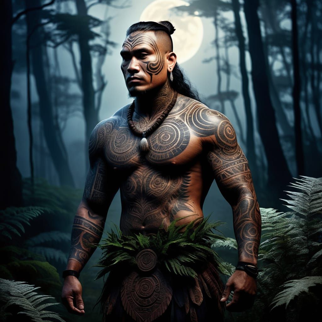 Moriori - Ethereal Maori Warrior in Misty Forest - Digital F...