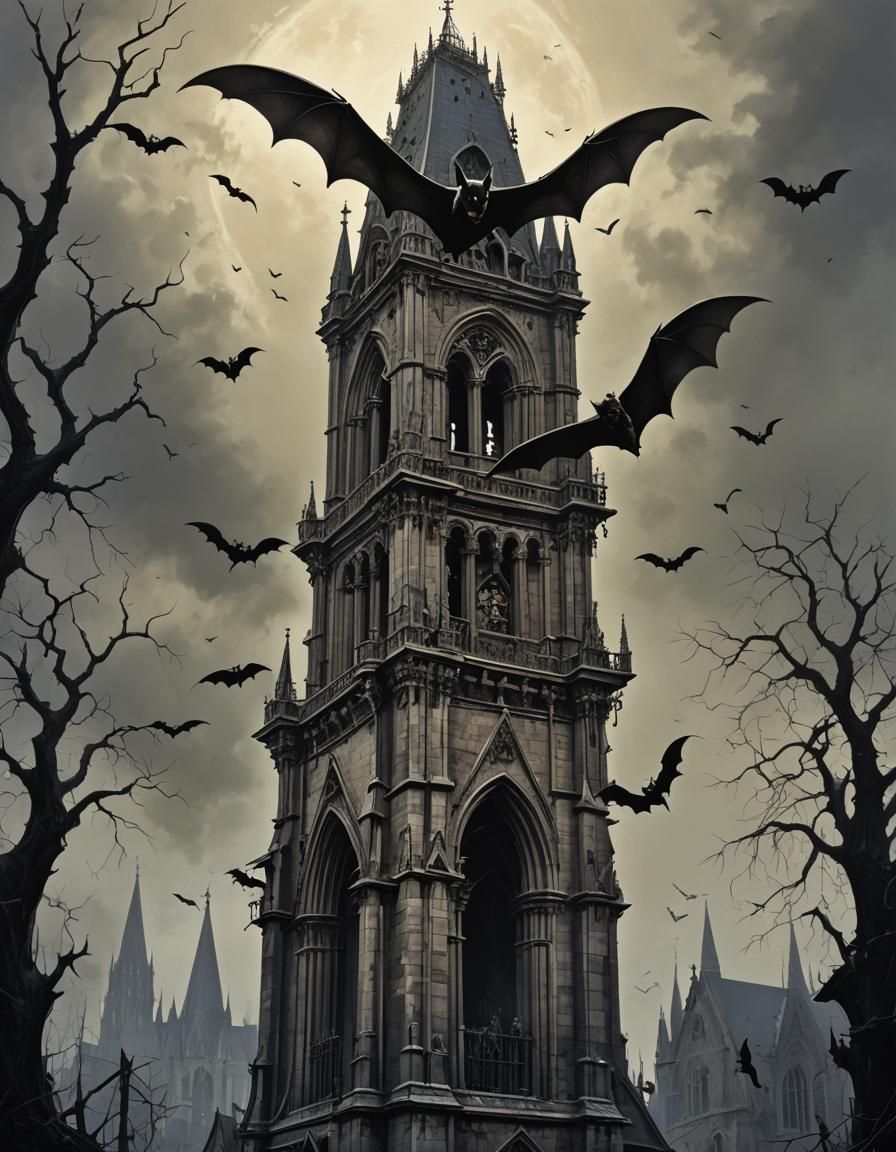 gothic fruit-bat spooky cathedral bell-tower - AI Generated Artwork ...
