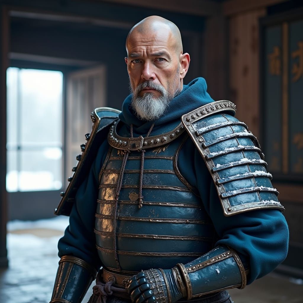 Asian middle-aged bald man light blue samurai heavy armor inside a ...
