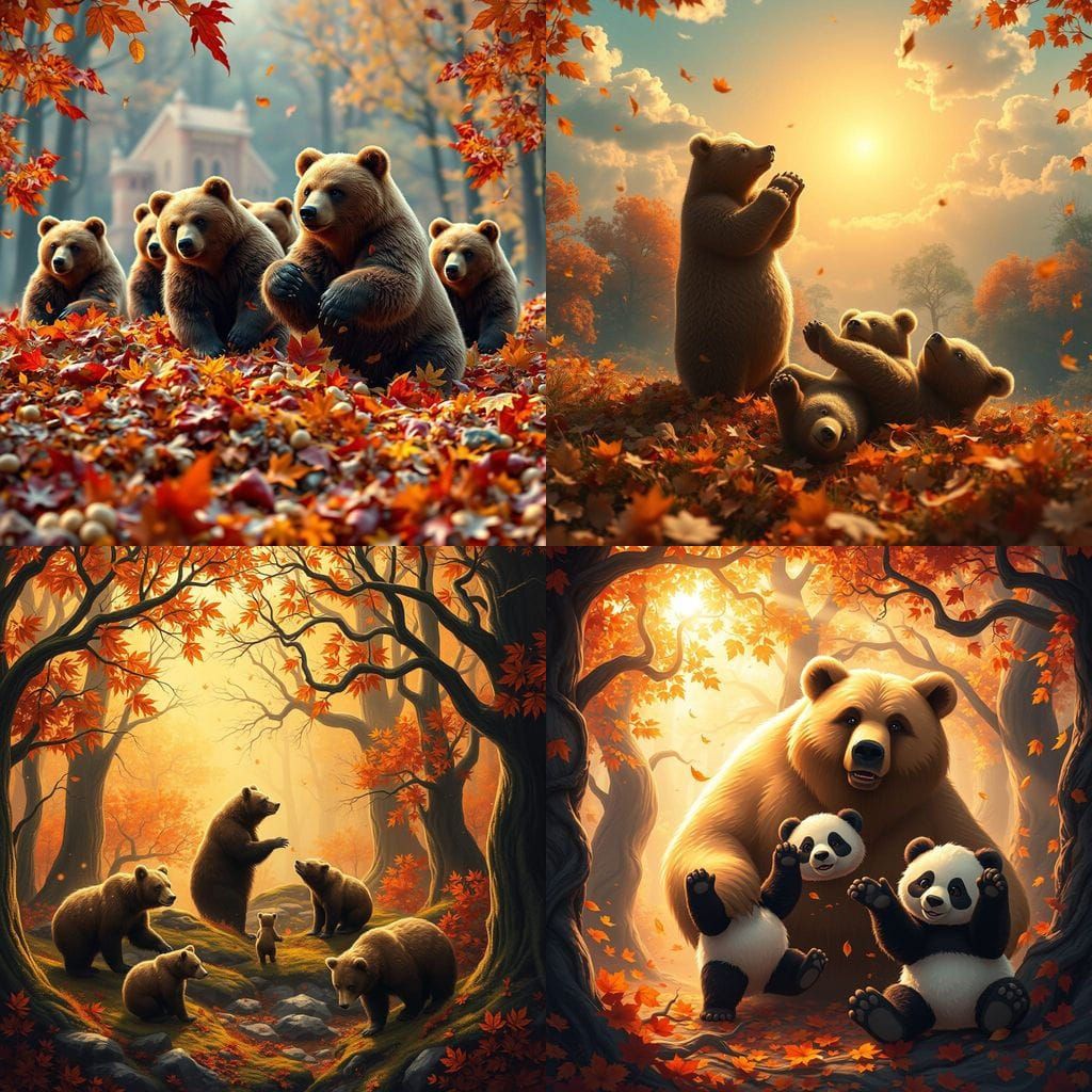 bears playing in autumn leaves - Bears in Vibrant Autumn Won...