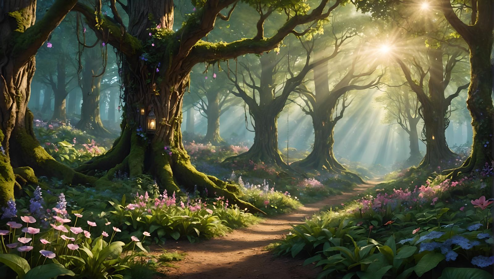 An enchanted forest, flowers growing between the trees, sunlight coming through the canopy ...