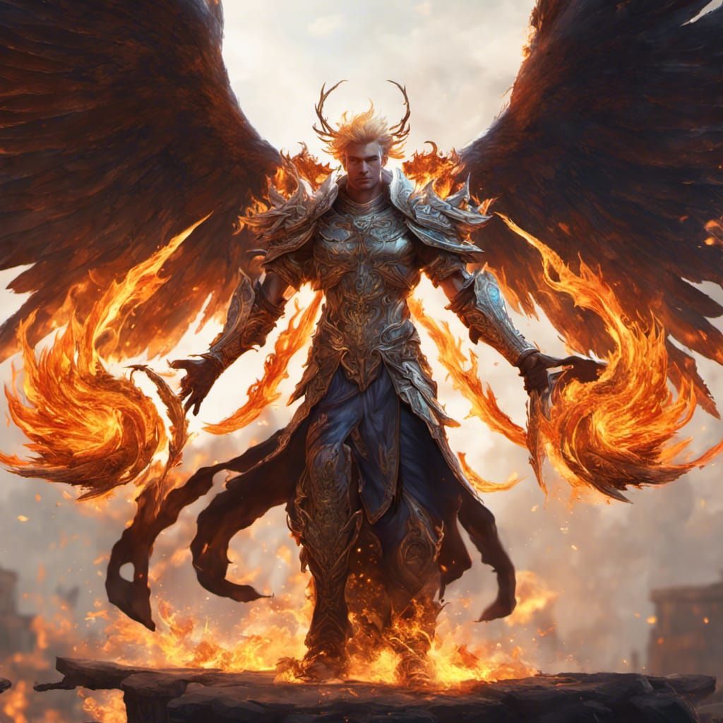 Male Fire Genasi Aasimar with wings made of fire - AI Generated Artwork ...