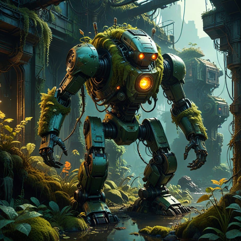 Old Robot Overgrown With Nature - Surreal Robot Revealed in ...