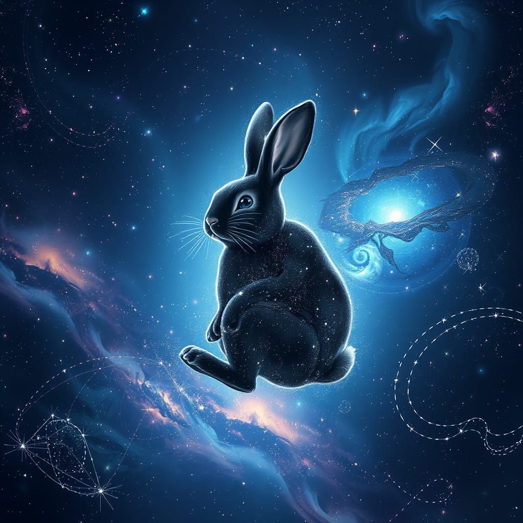 Celestial Ethereal Black Bunny made from stars glittering magical night sky