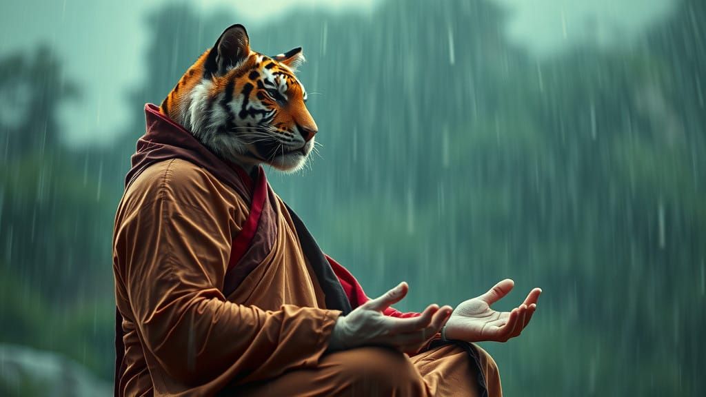 Humanoid female anthropomorphic tiger in monk robes meditating during a ...