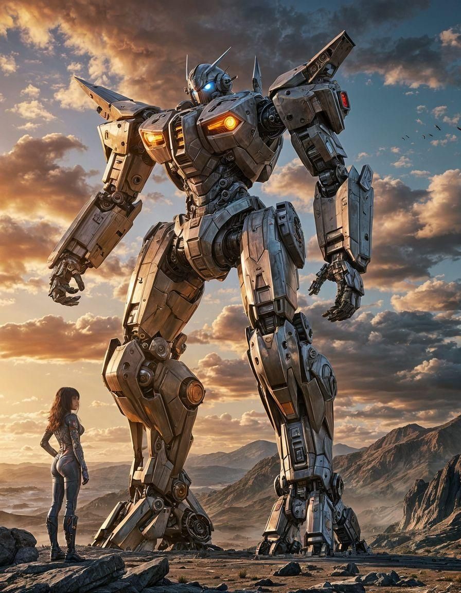 Anime female standing next to a giant Pacific Rim Jaeger mecha robot ...