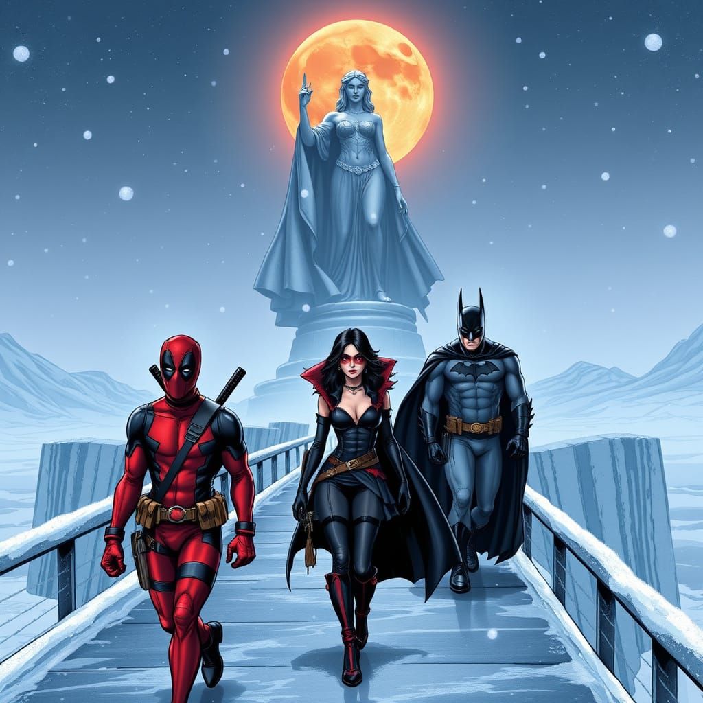 Deadpool, Zatanna, and Batman Walk on Frozen Bridg... - AI Art