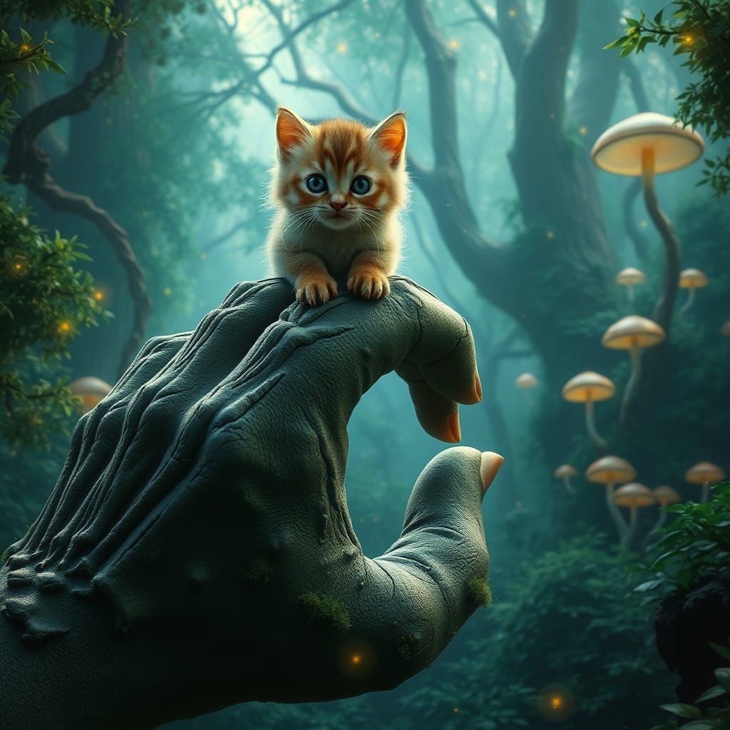 Giant Mutant's Hand in Magical Forest with Firefli... - AI Art
