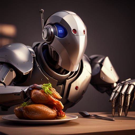 Close view of Robot Eating Cooked Chicken, On a Table, Unreal Engine 5 ...