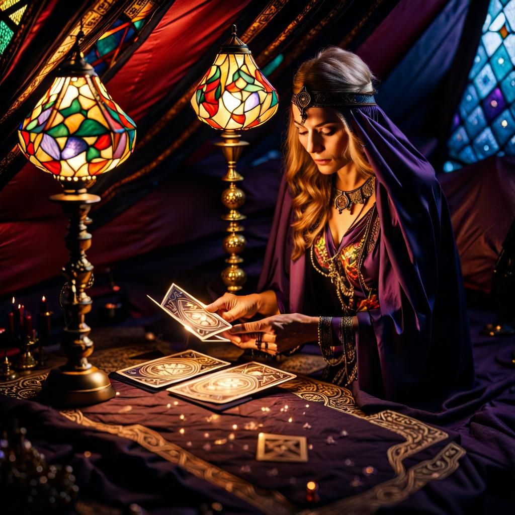 Sorceress Reading Tarot Cards In Her Exotic Tent - AI Generated Artwork ...