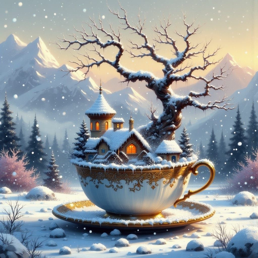 Winter tea cup - Magical Winter Village Scene in an Ornate ...