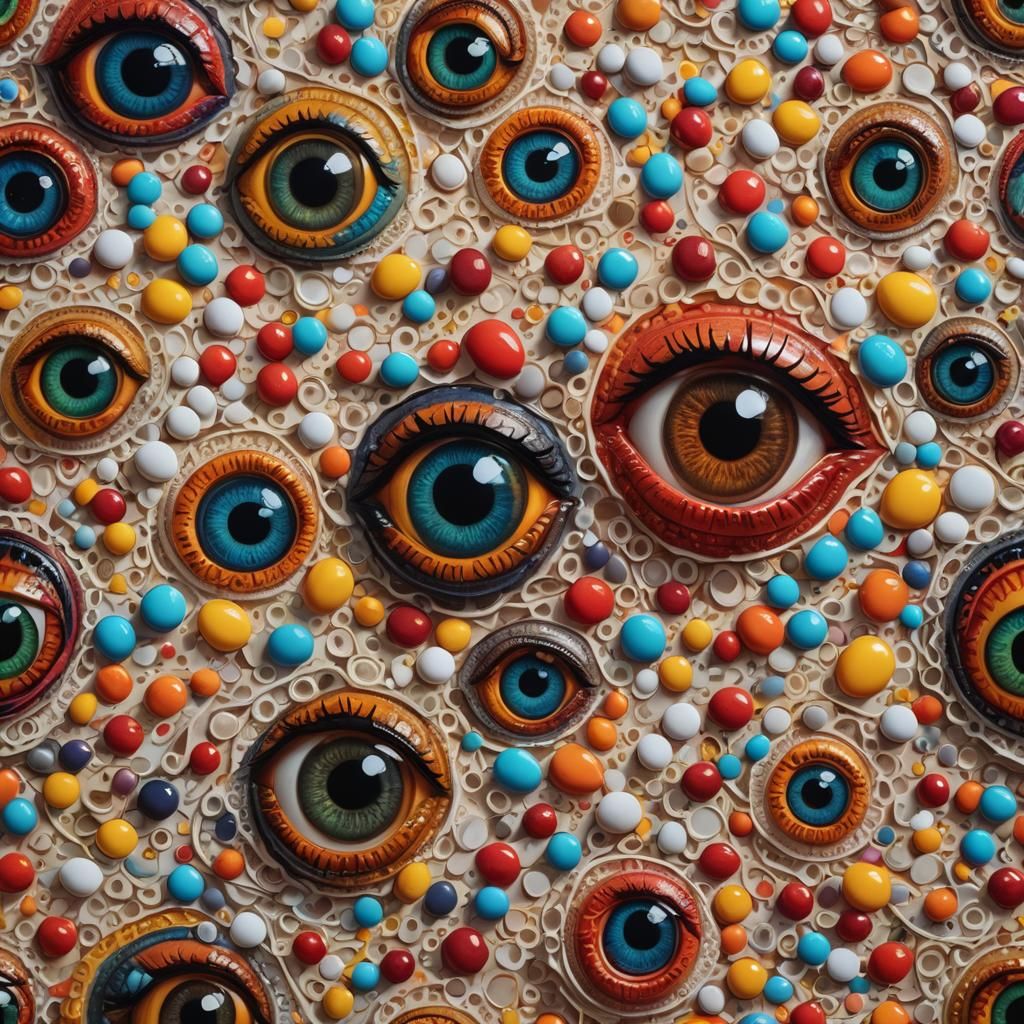 A big unique painting close up covered with big scary looking eyes ...