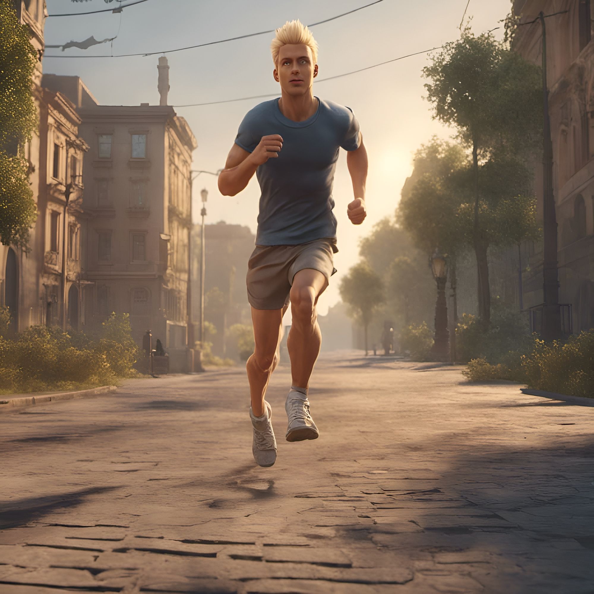 Cute young man running in the early morning. He is blond. He wears a ...