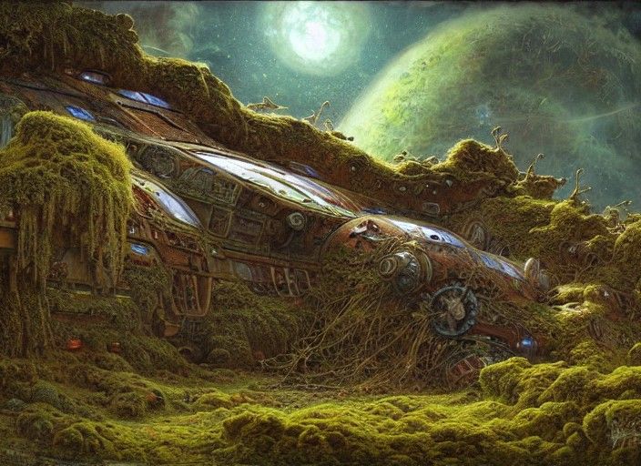 moss and lichen encrusted ancient starship - AI Generated Artwork ...