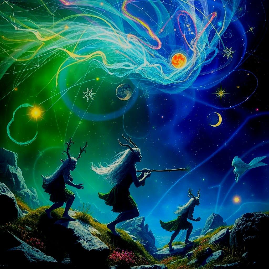 Cosmic Elves Adrift in a Whirling Vortex - AI Art