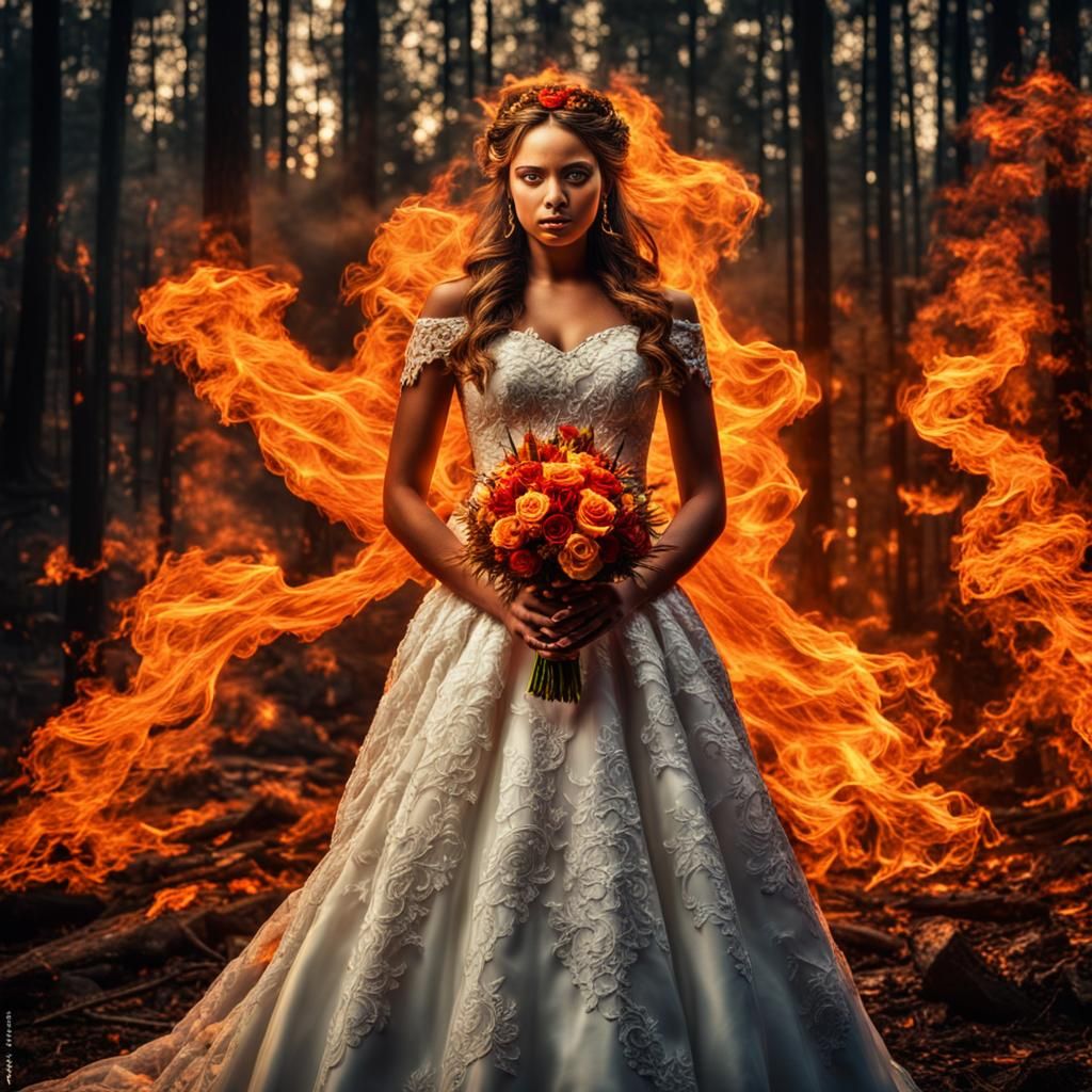A beautiful bride covered in fire and flame in a dark and threatening ...