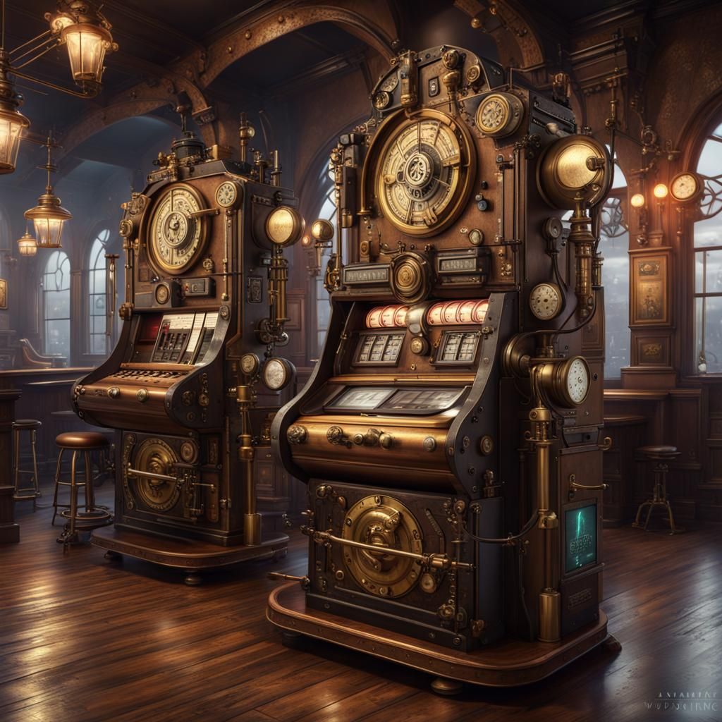 Steampunk Slotmachines in a Pub - AI Generated Artwork - NightCafe Creator