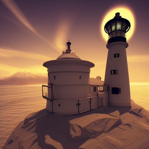 Lighthouse near a double sun intricate mech details, ground level shot ...