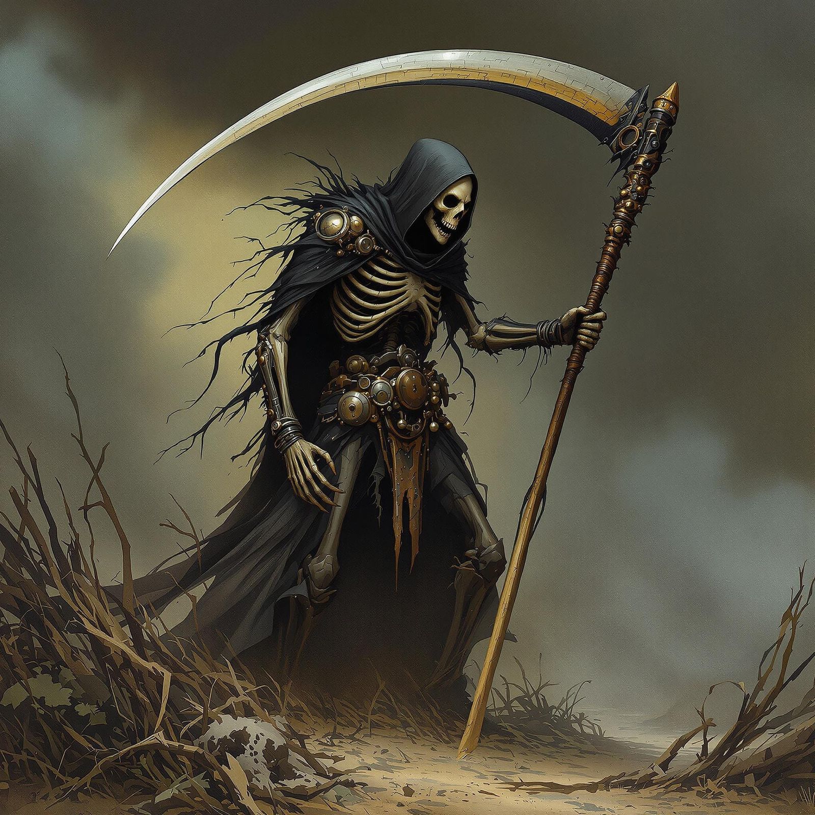 Steampunk Grim Reaper with a Massive Scythe in a D... - AI Art