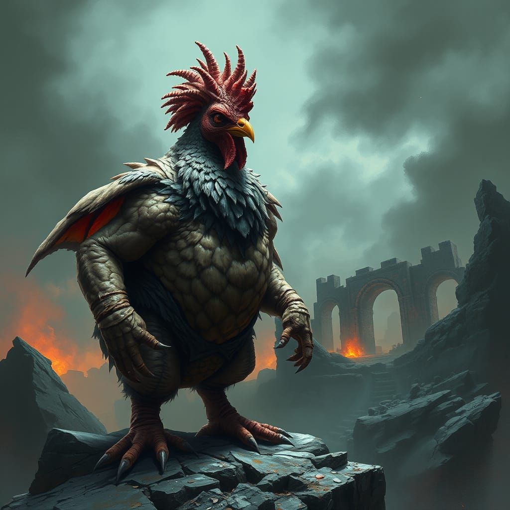 Grotesque Cyclops Chicken Human Hybrid Stands Amid... - AI Art