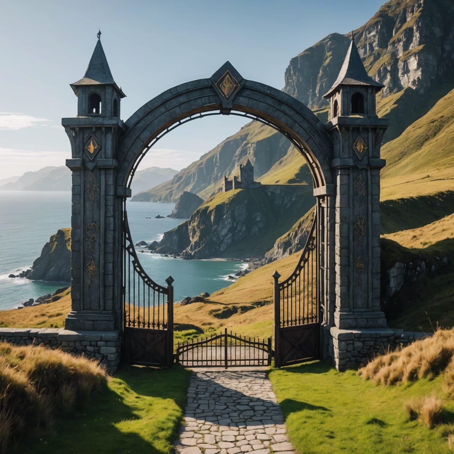 Lord of the rings. epic gigantic huge entrance gate in the valley on ...