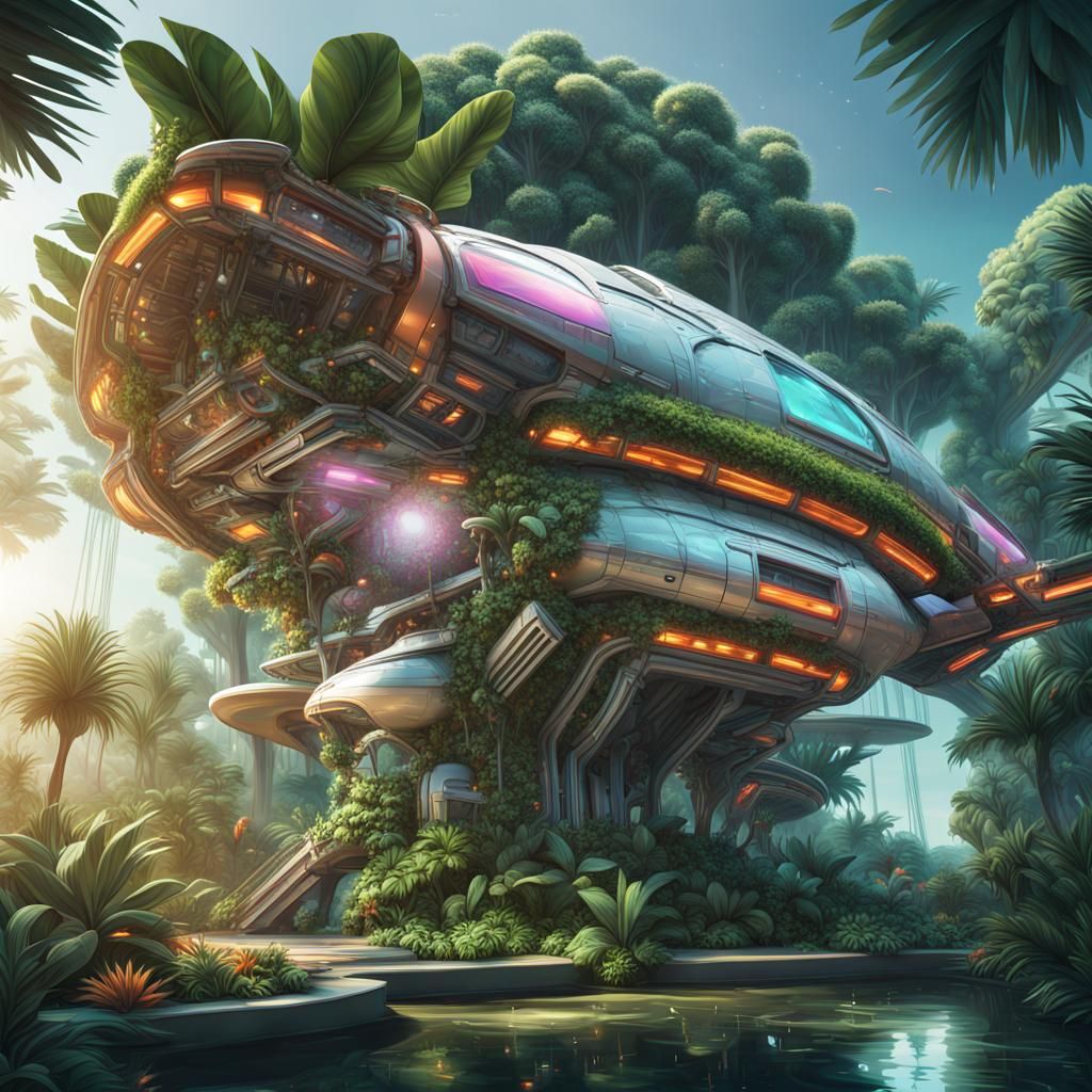 A futuristic spaceship, a botanical garden growing on the spaceship ...