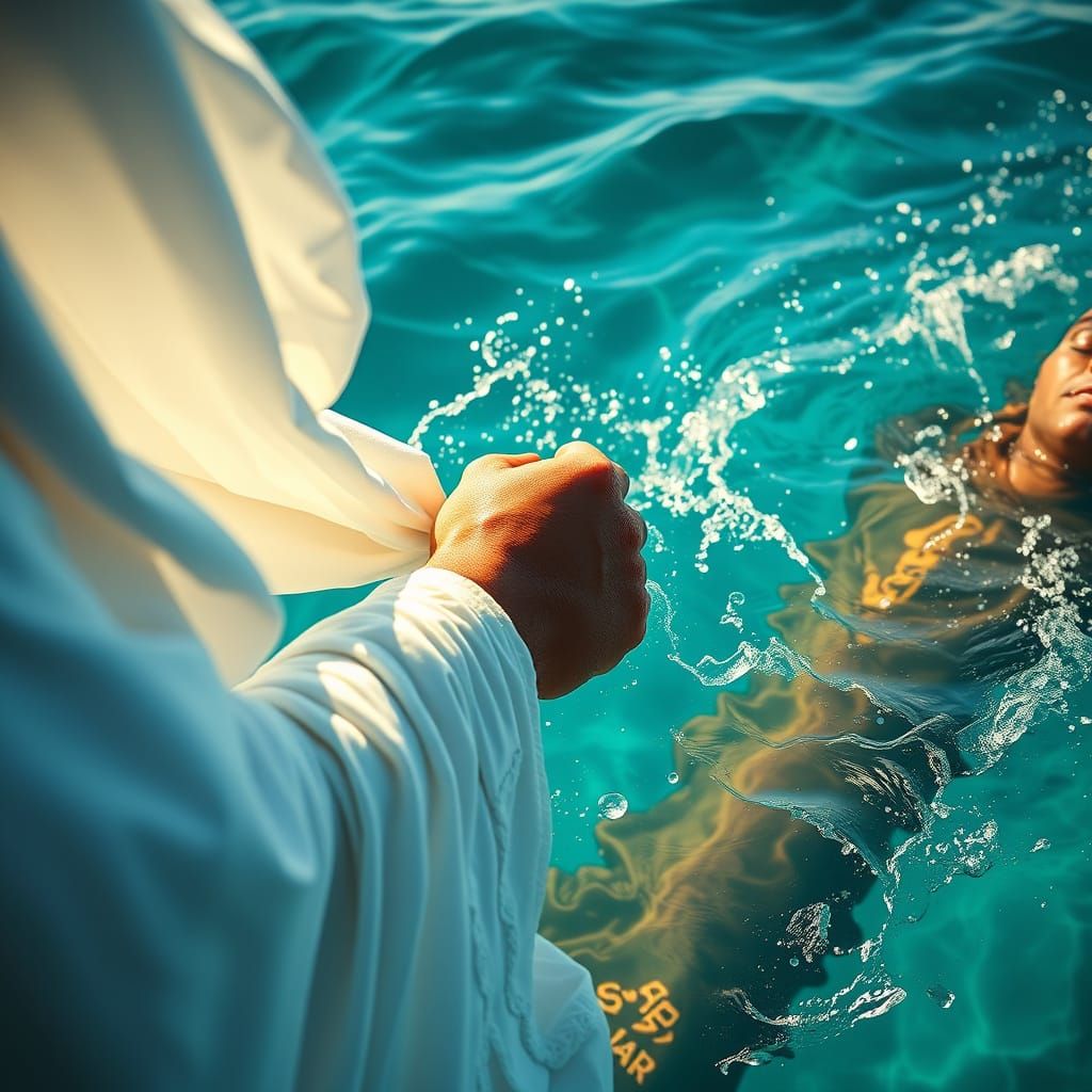 Jesus Christ pulling someone out of water. The image shows Jesus ...