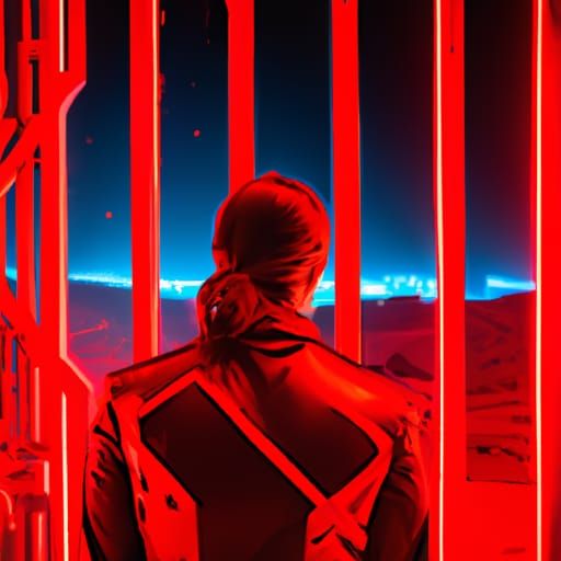 Jared Leto in a red tron suit looking to a tron landscape from tron ...