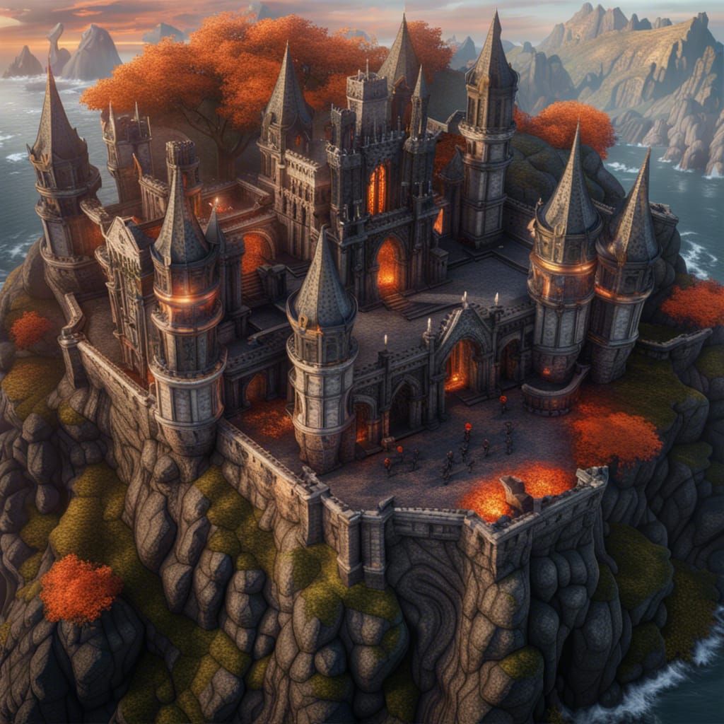 Castle with large lava mote, detailed matte painting, deep color ...