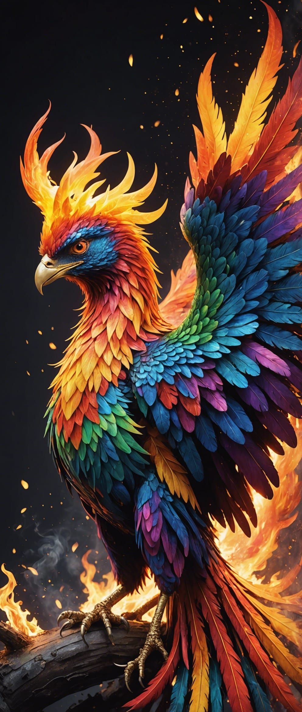 A magnificent, flaming, rainbow phoenix bursting to life from ...