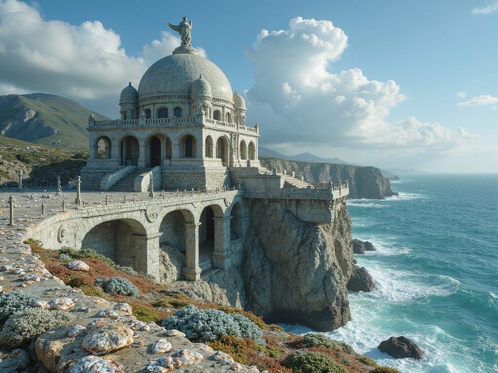 Majestic Sea God Temple Amidst Turbulent Ocean Wav... - AI Art