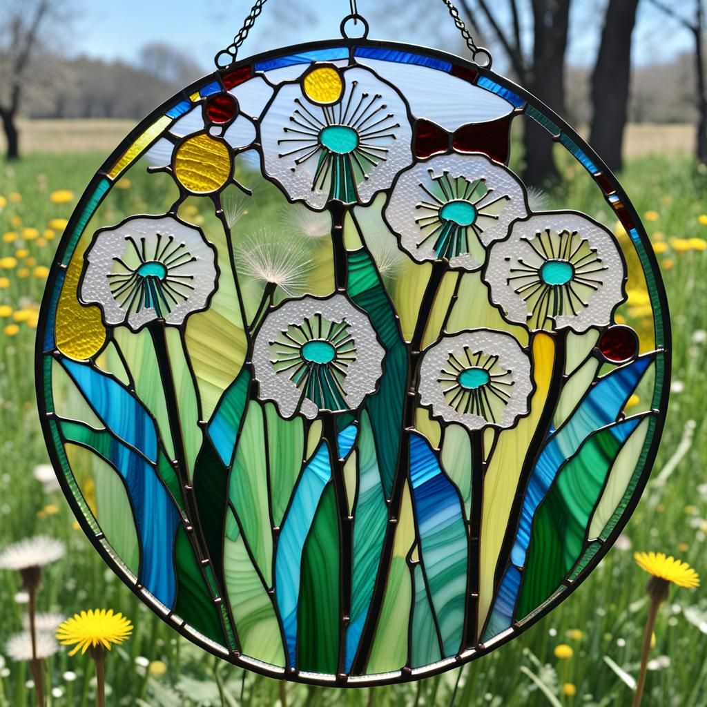 stained glass dandelion flowers in field