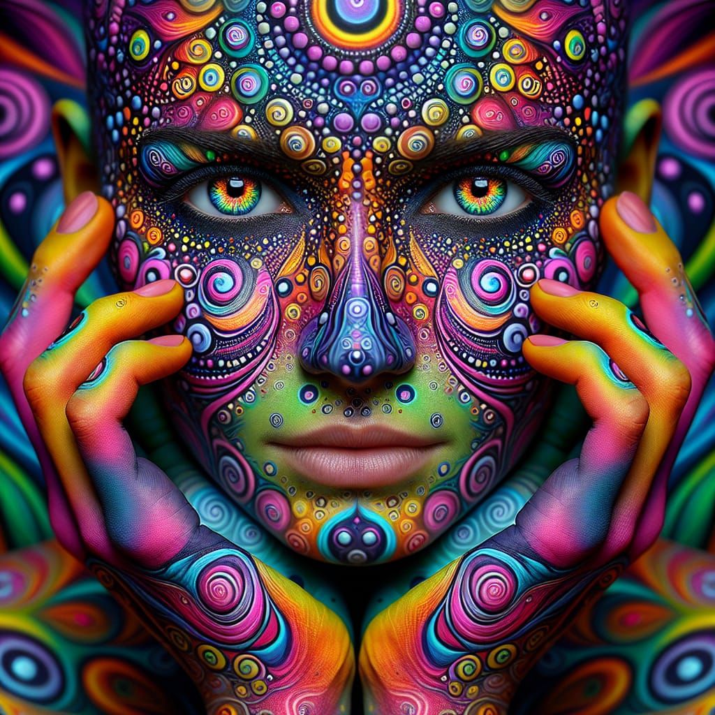 Create a hyper-detailed image of a person's face and hands covered in ...