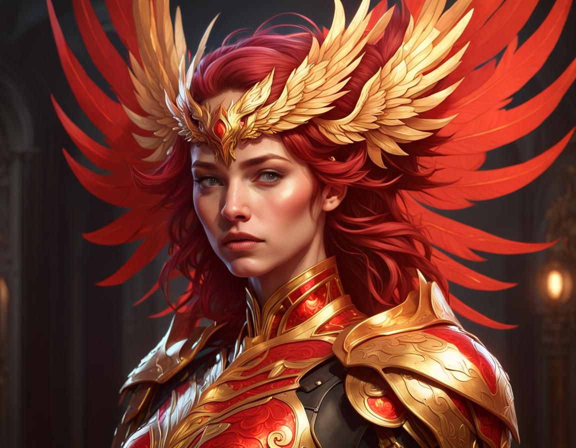 Living sentient magical enchanted red and gold Phoenix armor, head and ...