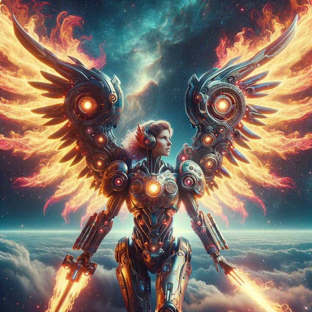Ethereal Mech Pilot Surrounded by Nebula Flames in... - AI Art
