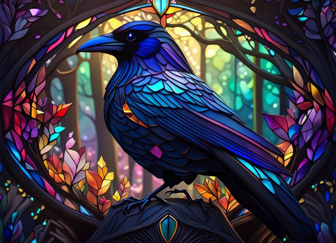big raven made out of stained glass in an enchanted forest of crystals ...