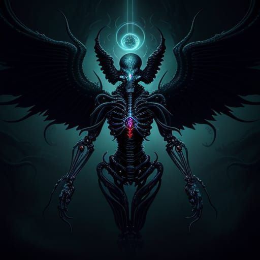 Lovecraftian biomechanical art. A grotesque, biomechanical angel ...