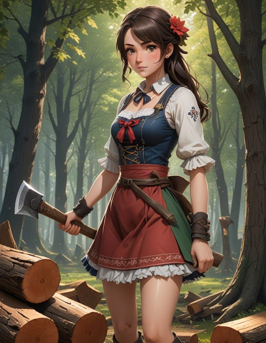 Anime woman, young brunette, wearing dirndl, chopping wood with the axe ...