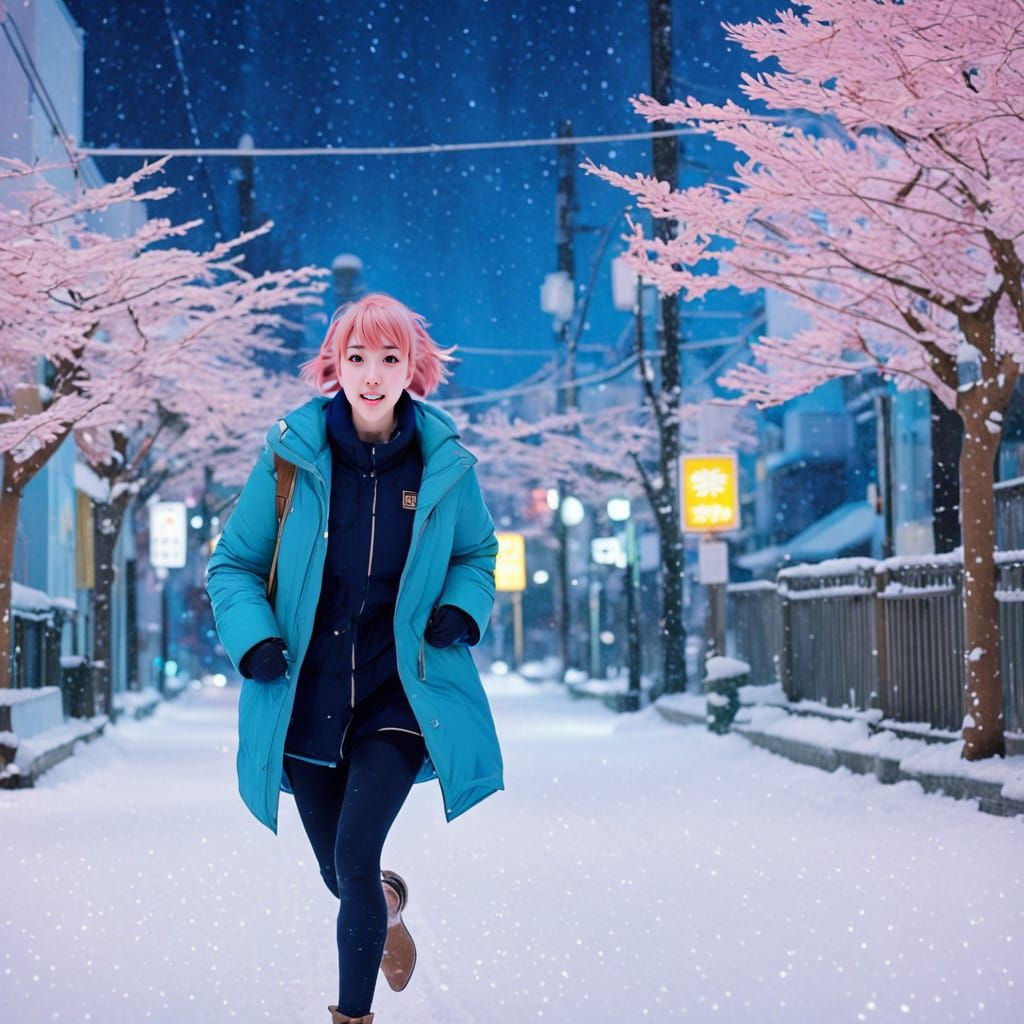 Anime Girl Running in Tokyo Snowscape - AI Art