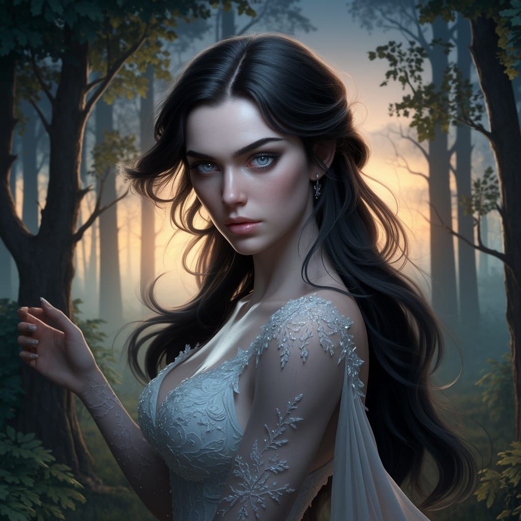 A breathtakingly beautiful woman with a statuesque figure and flowing jet-black hair stands ...