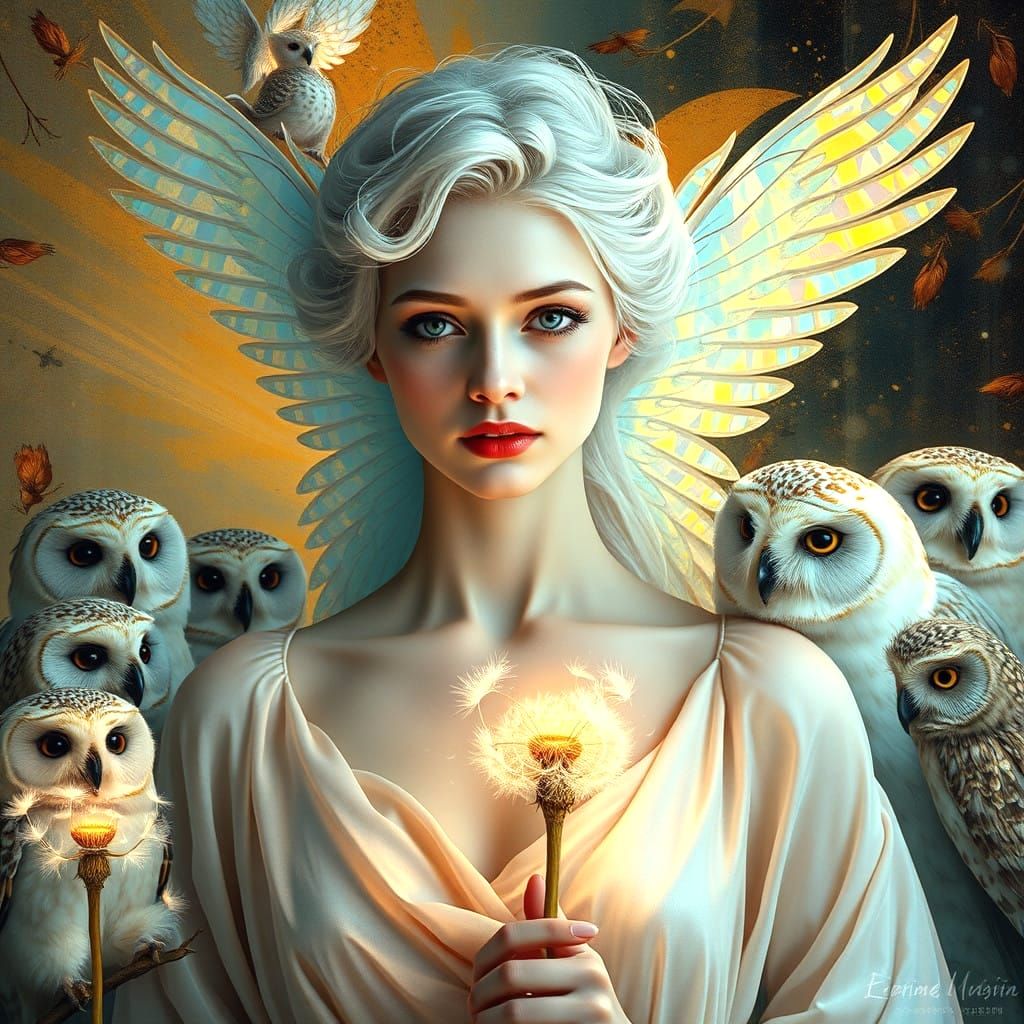 Ethereal Woman Surrounded by Enchanted Owls in Whi... - AI Art