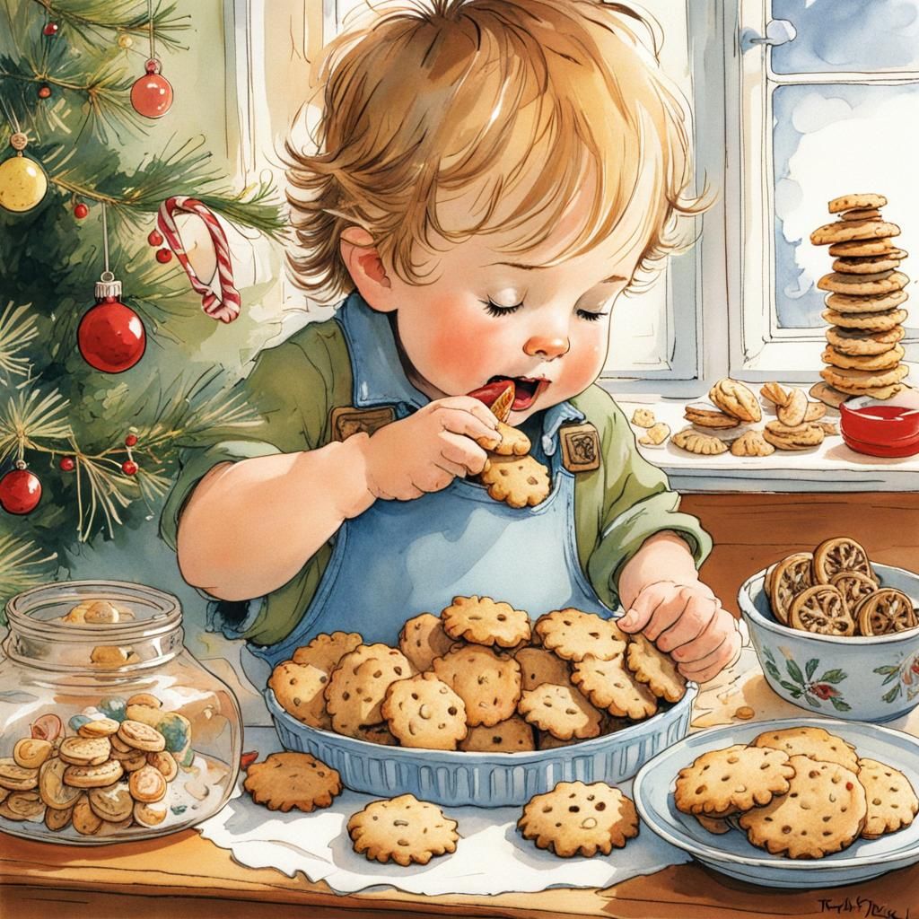 cute toddler boy secretly snacks on Christmas cookies from the cookie ...