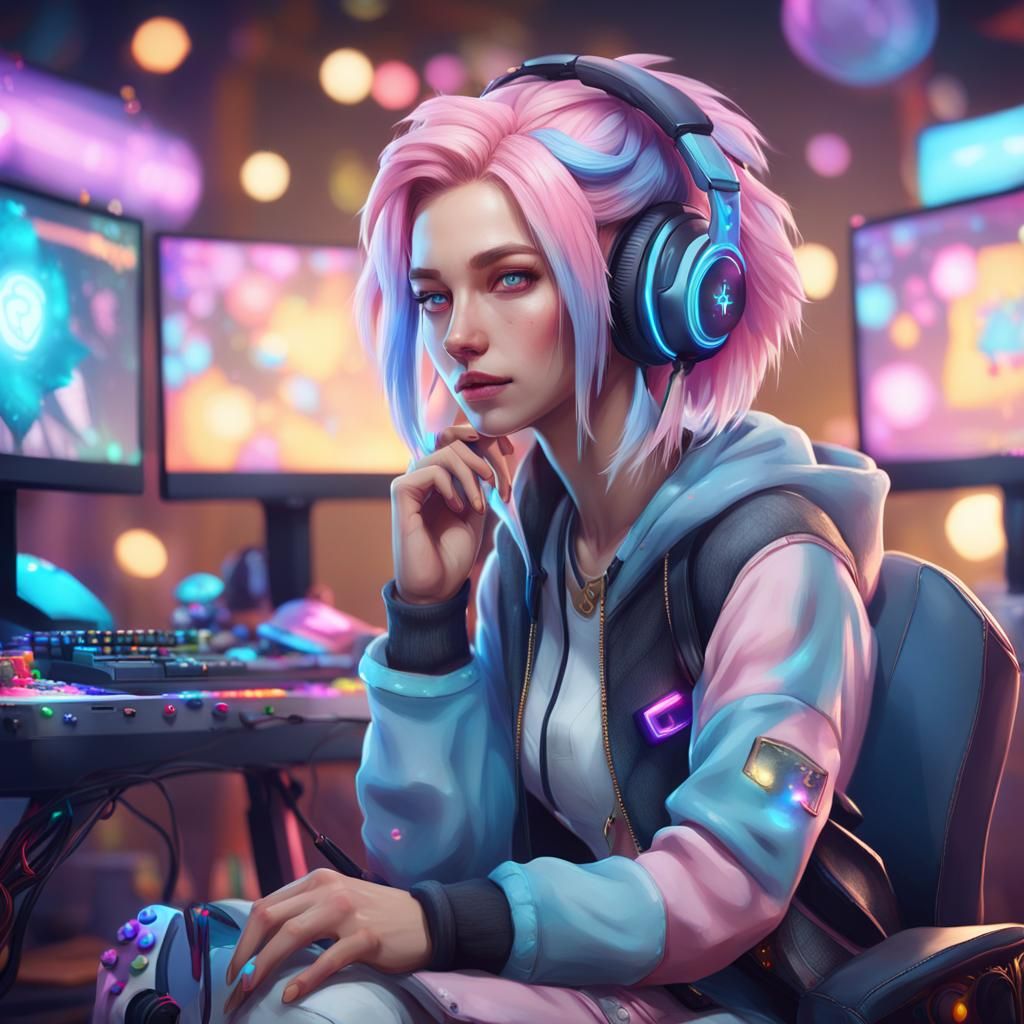 Ethereal Gamer Girl in Vibrant Pastel Hues - AI Art