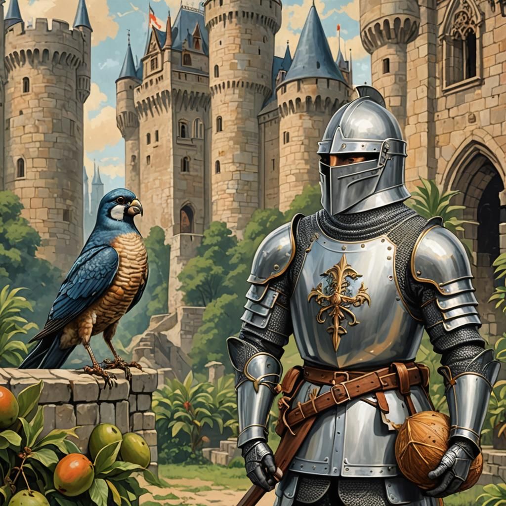 A knight in armor with his squire who is holding coconuts standing in ...