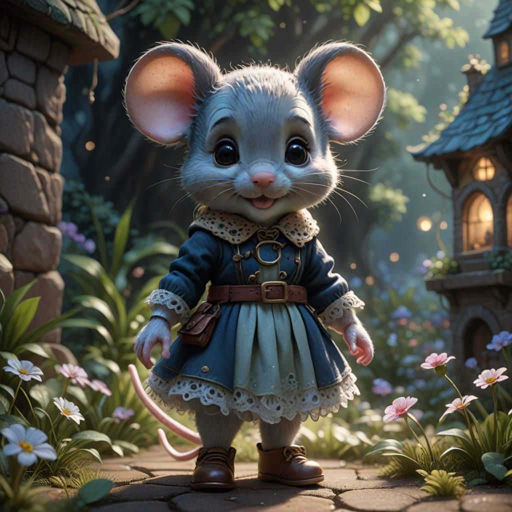 Whimsical Baby Mouse in Misty Fantasy Landscape - AI Art