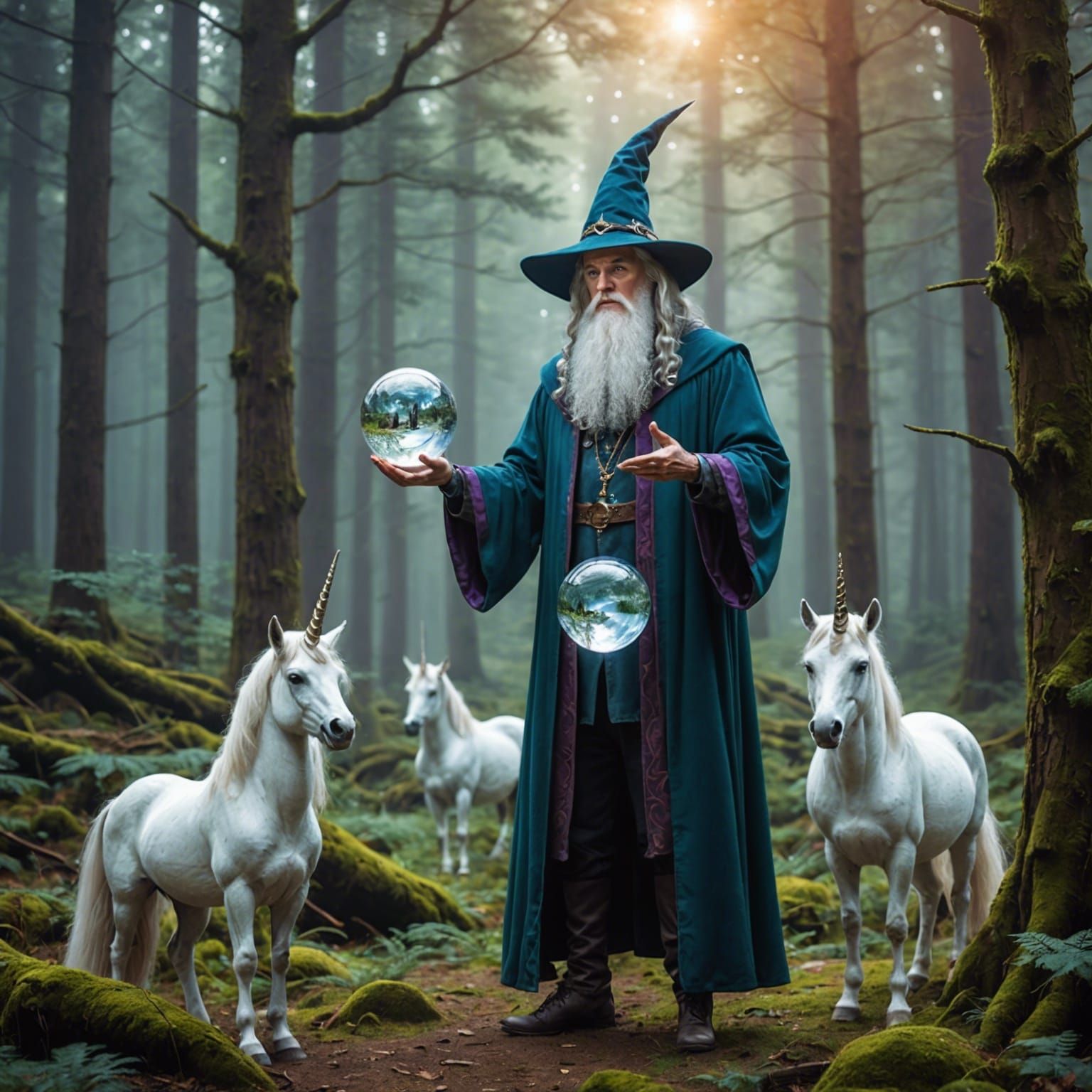 Wizard with crystal ball with unicorns in forest valley. - AI Generated ...